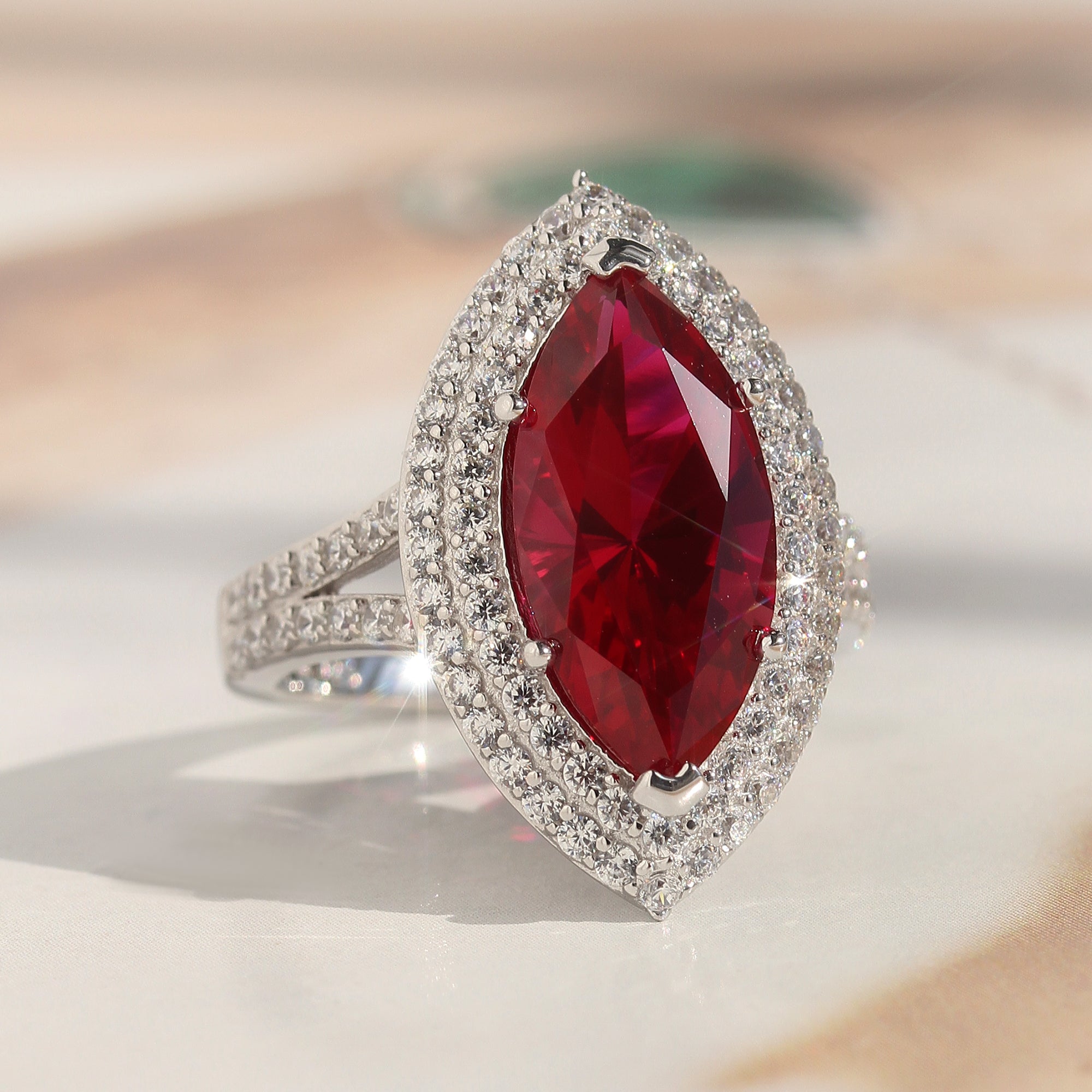 July Empress Ruby Ring | Marquise Cut 3.8 Carat | Double Halo | Platinum Silver – DOUBLE ACCENT