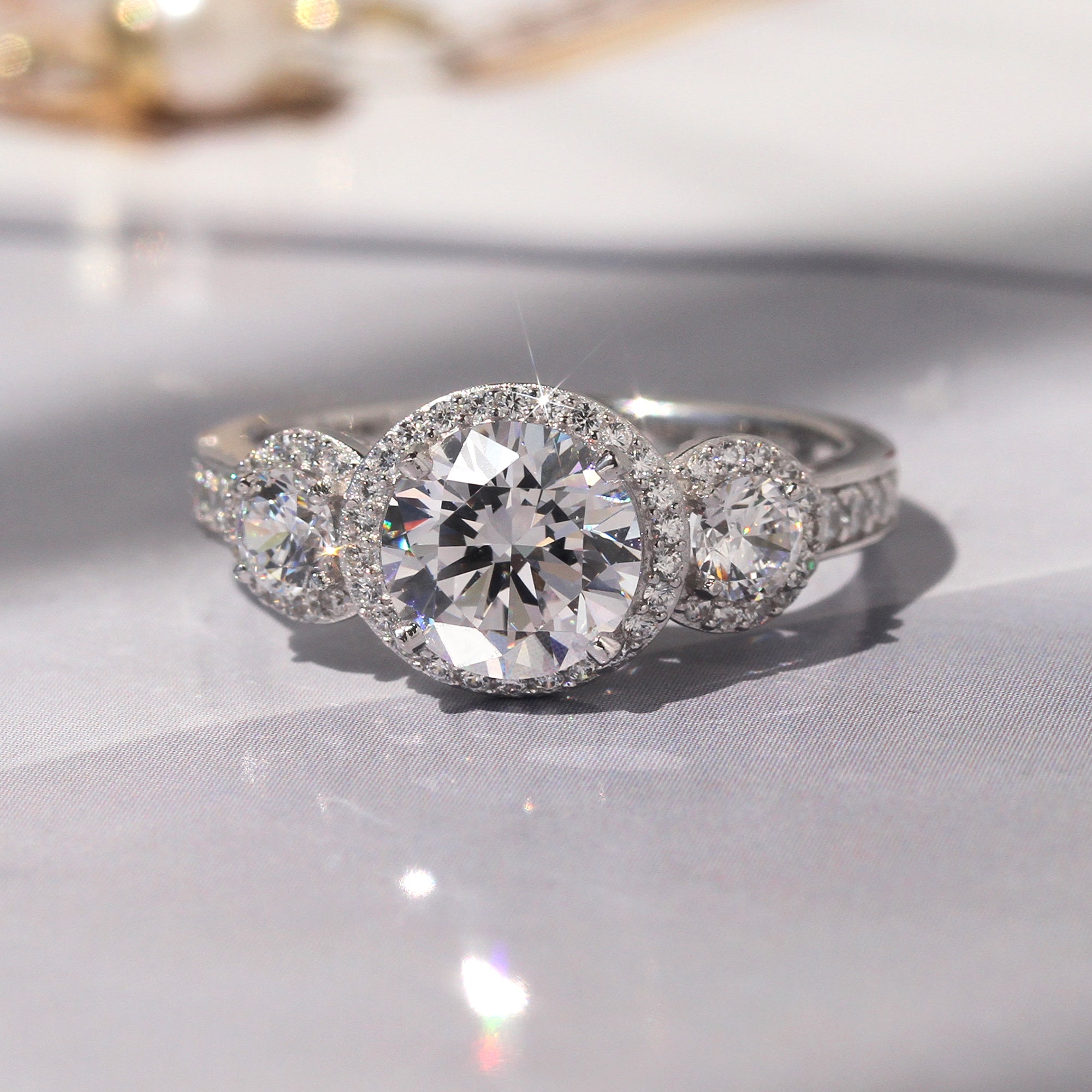Opulent Halo Ring | 2.5CT Three-Stone CZ Ring | 14K Gold or Platinum ...