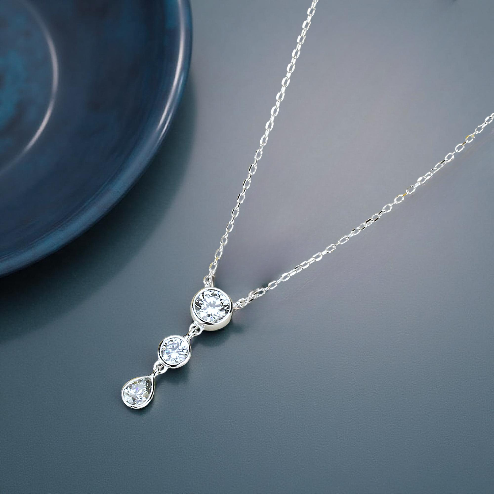Wistful Trace Pendant Necklace – Grey CZ 3-Stone Drop in Platinum ...