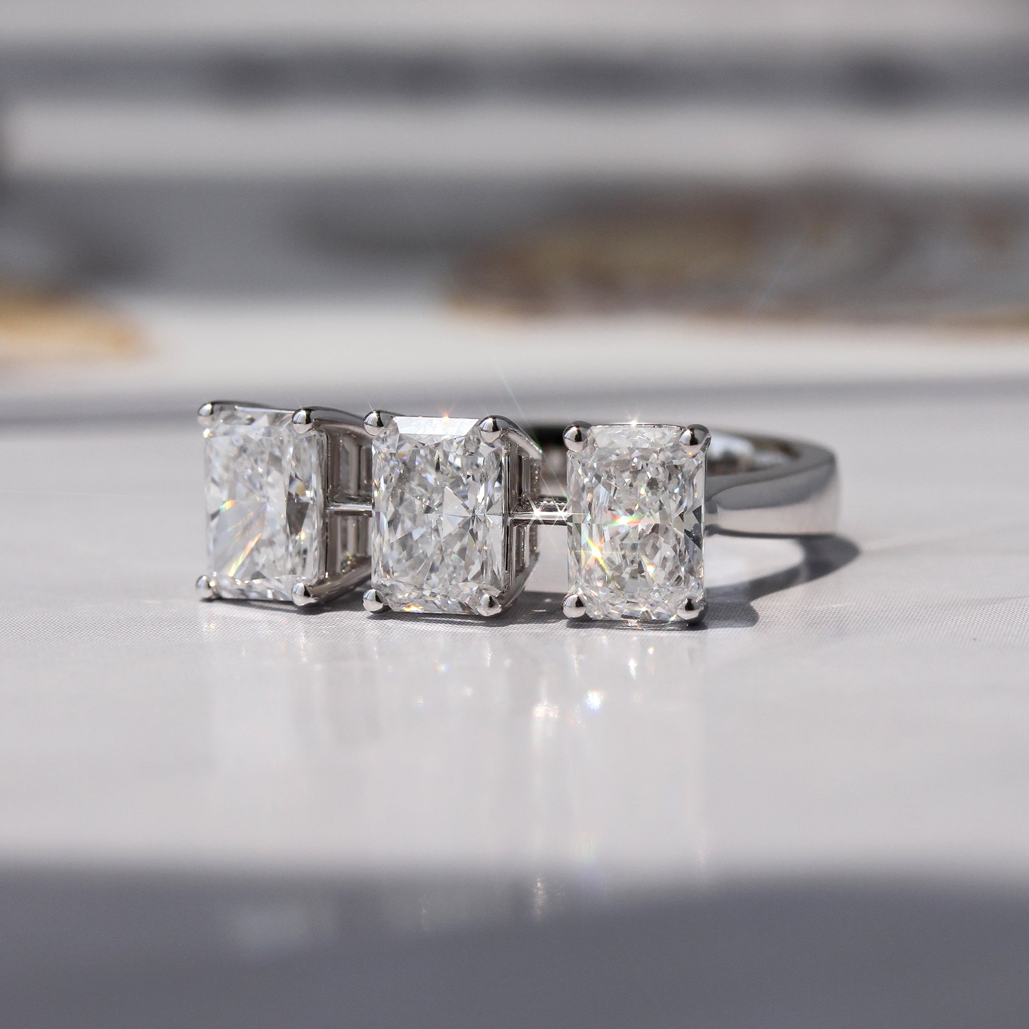 Luminous Trinity Ring | 18K White Gold Three-Stone Radiant Lab Diamond ...
