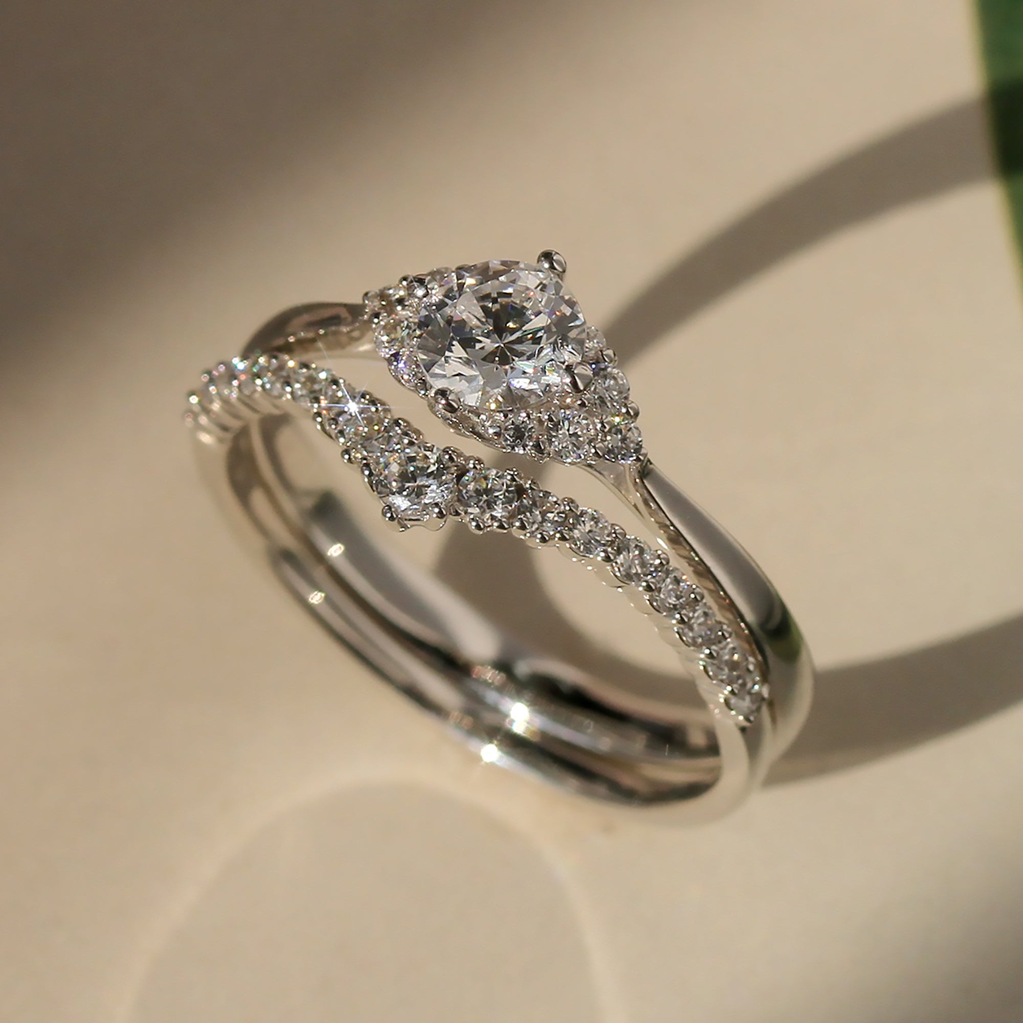 14K White Gold 2 pcs Ring Set 0.5 Carat CZ Cluster | V-Shaped Elegance ...