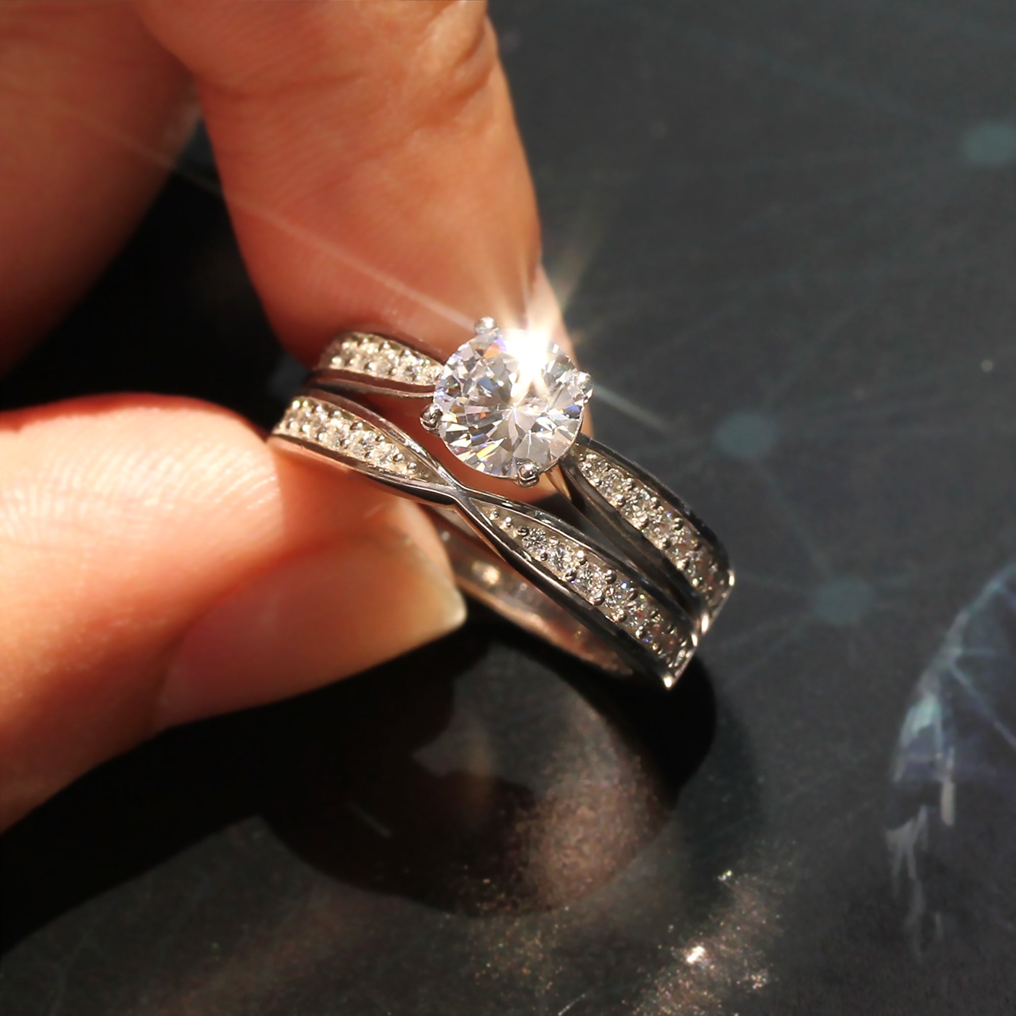 Brilliant 1 CT Pinched Shank Classic Bridal Ring Set, Platinum Plated ...